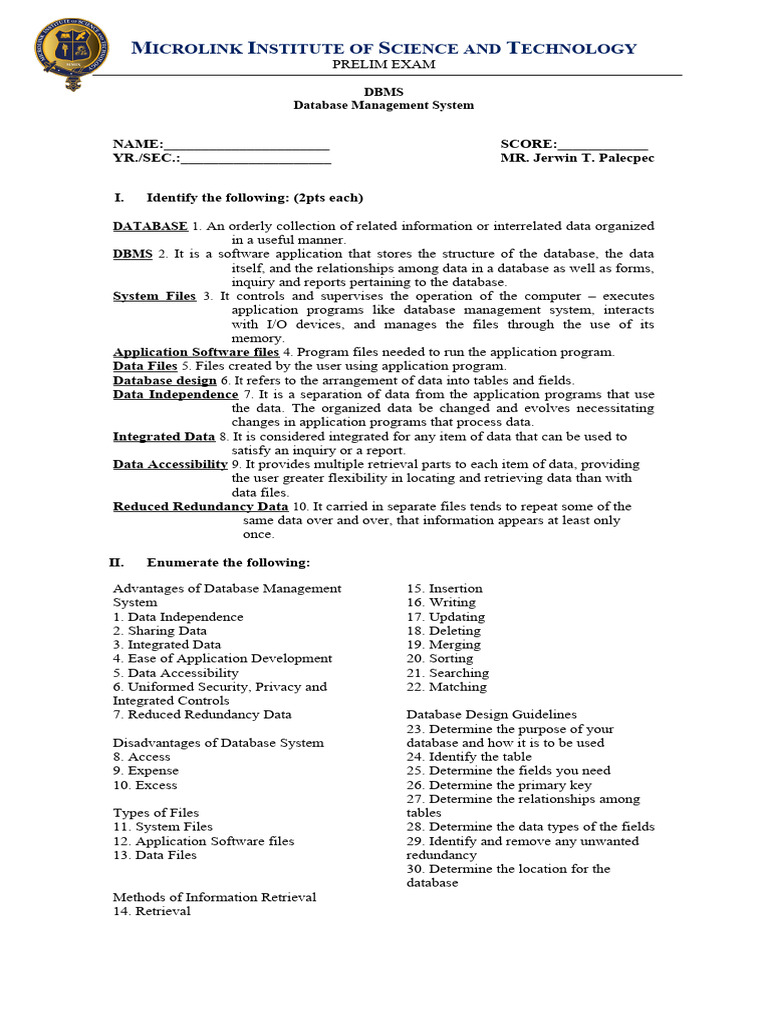 DBMS - Prelim - Answer | PDF | Databases | Computer File