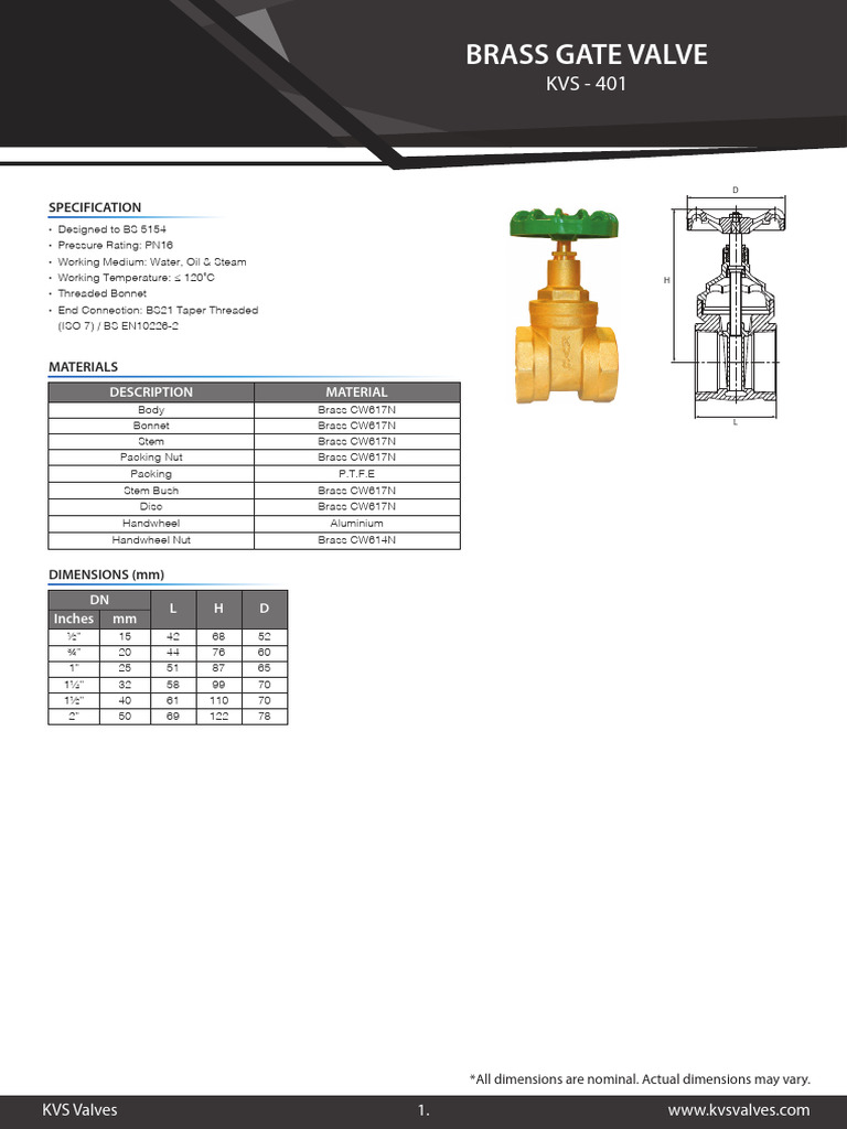Brass Gate Valve Specifications and Sizes | PDF