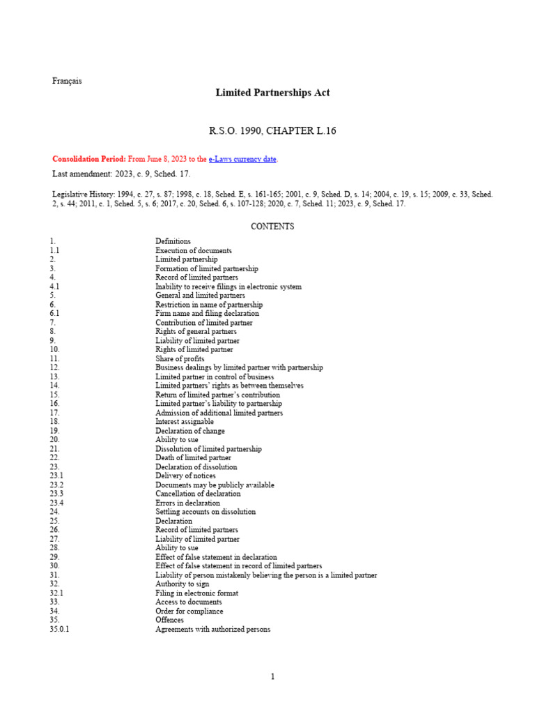 R.S.O. 1990, CHAPTER L.16: Limited Partnerships Act | Download Free PDF | Limited Partnership ...