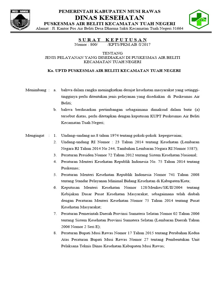 1.1.1.1 SK Jenis-Jenis Pelayanan Di Puskesmas | PDF