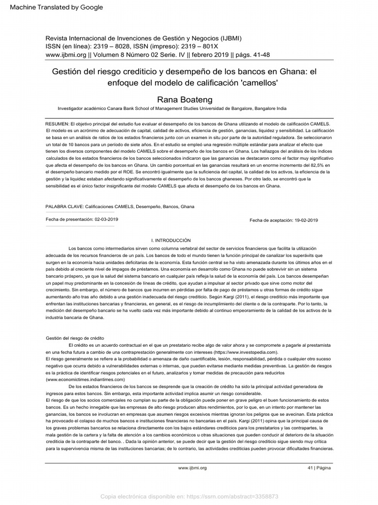 Credit Risk Management and Performance of Banks in Ghana - Enfoque CAMEL - Español | PDF ...