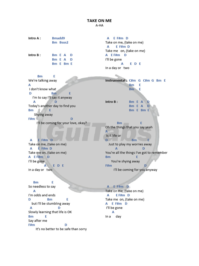 Take On Me - Lyrics & Chords | PDF | Rock Music | Music Industry