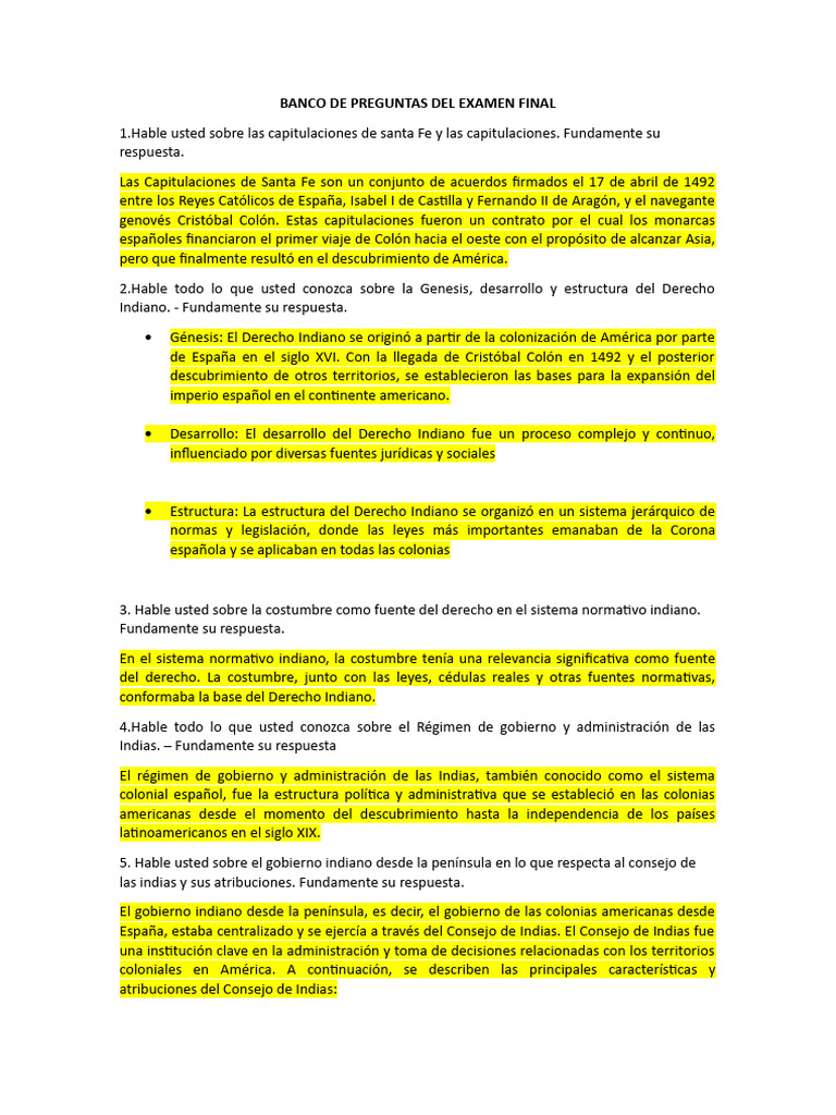 Banco de Preguntas Del Examen Final | PDF | Imperio español | Codificación (ley)