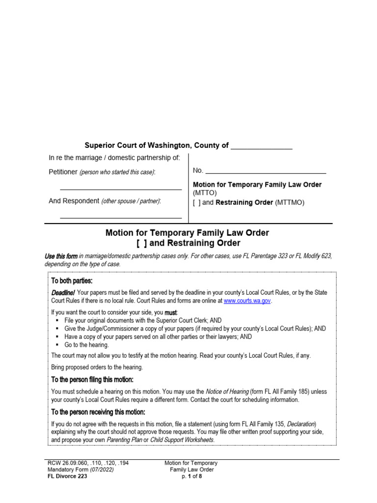Temporary Family Law Motion Guide | PDF | Alimony | Restraining Order