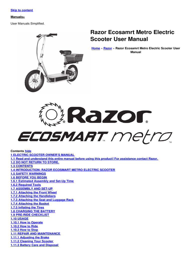 Razor Ecosamrt Metro Electric Scooter Manual | PDF | Rechargeable ...