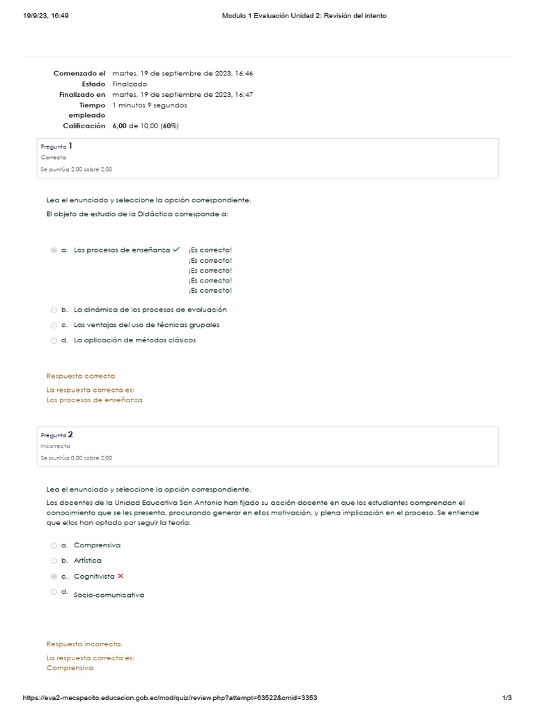 Evaluación Módulo 1: Revisión de Respuestas | PDF | Enseñando | Evaluación