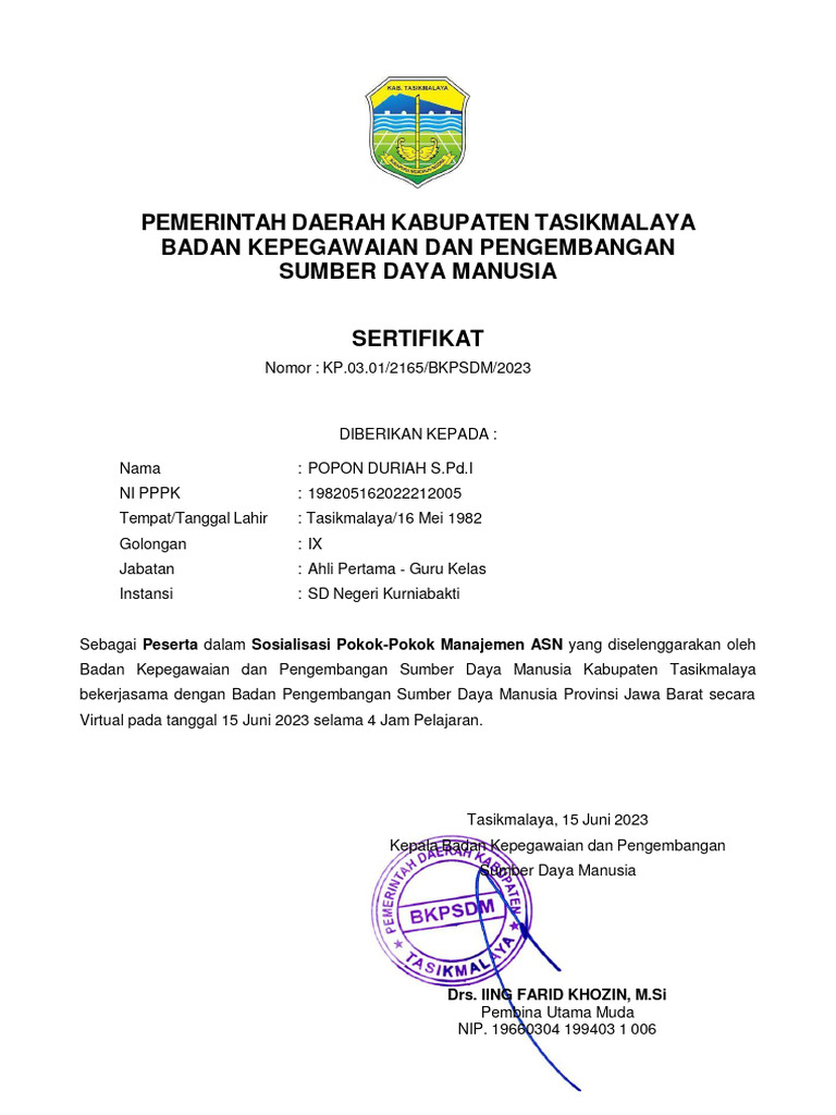 Sertifikat Popon Duriah S.pd. | PDF