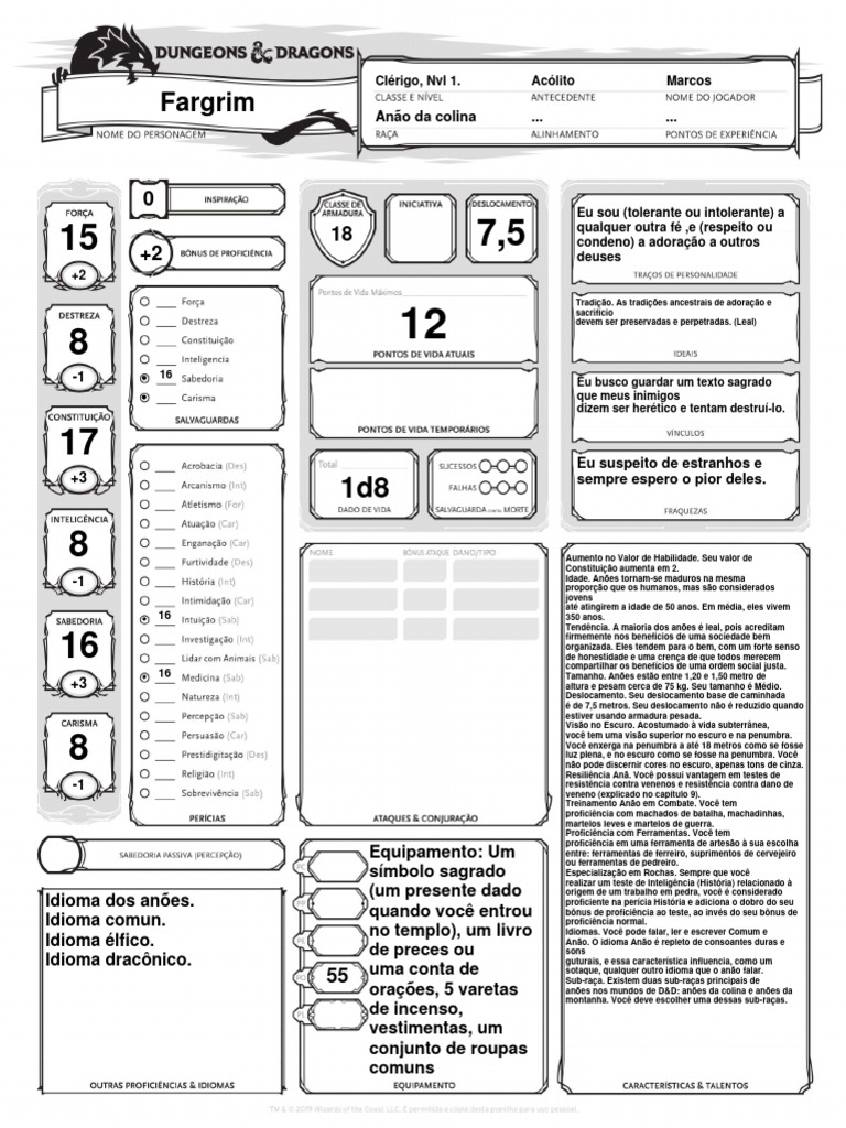 Ficha Oficial DD 5E Editavel em Negrito | PDF