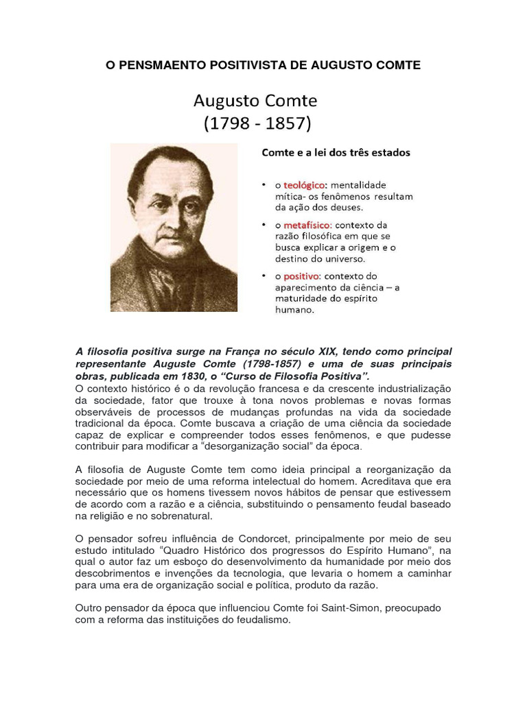 O Pensmaento Positivista de Augusto Comte | PDF | Sociologia | Science