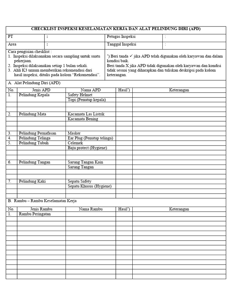 Checklist Inspeksi Keselamatan Kerja Dan Alat Pelindung Diri | PDF