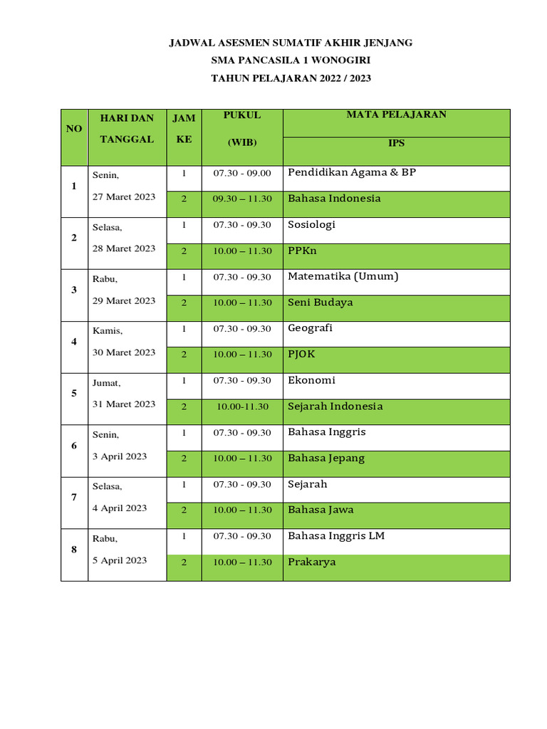 JADWAL ASESMEN SUMATIF AKHIR JENJANG | PDF