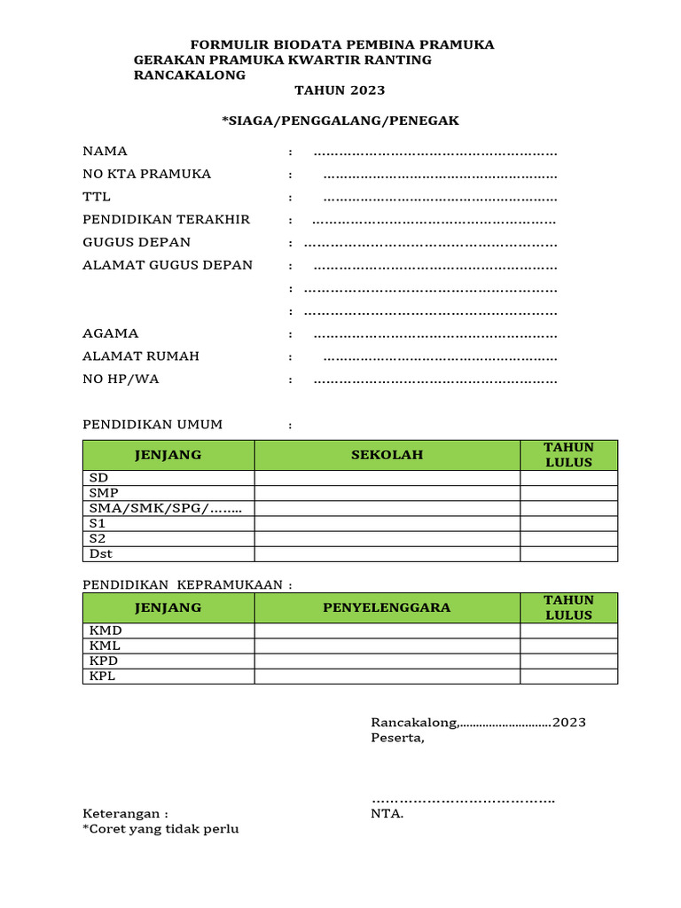 Formulir Biodata Pembina Pramuka Kwarran 2023-1 | PDF