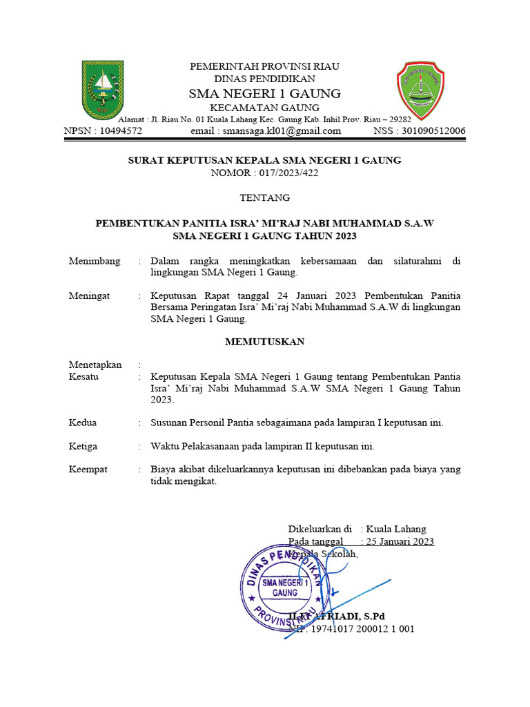 Sman1gaung - SK Panitia Isra Miraj 2023 | PDF