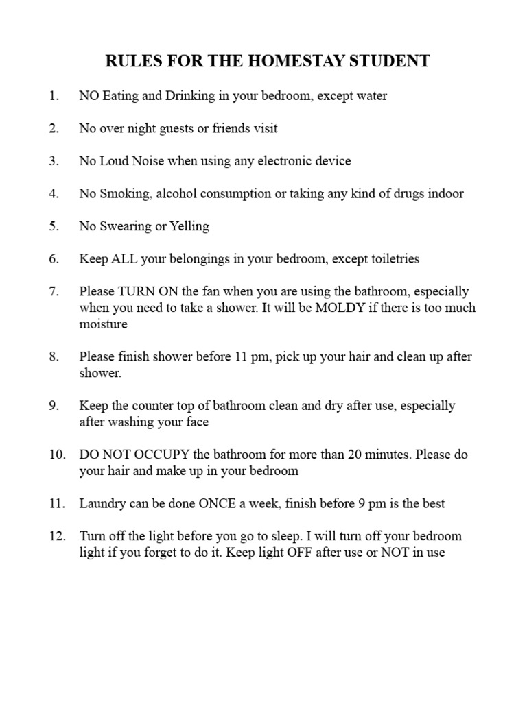 Rules For The Homestay Student - 2 | PDF | Wellness | Lifestyle