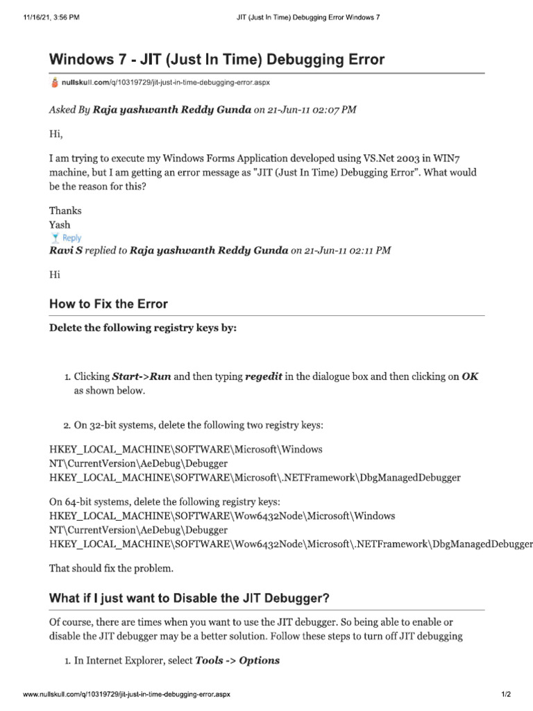 JIT (Just in Time) Debugging Error Windows 7 | PDF