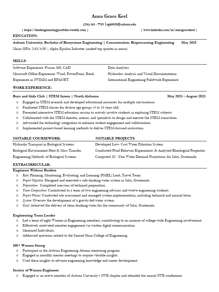 Anna Grace Keel Resume | PDF | Science, Technology, Engineering, And ...