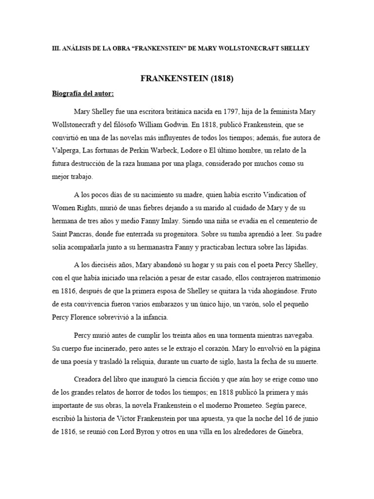 Analisis Literario de Frankenstein | PDF | Mary Shelley | Frankenstein