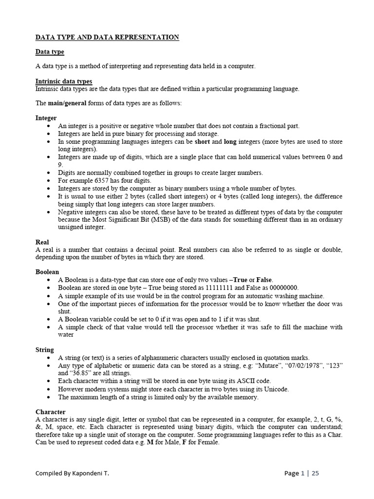 Chapter 5 Data Type And Data Representations Pdf Data Type Integer Computer Science 