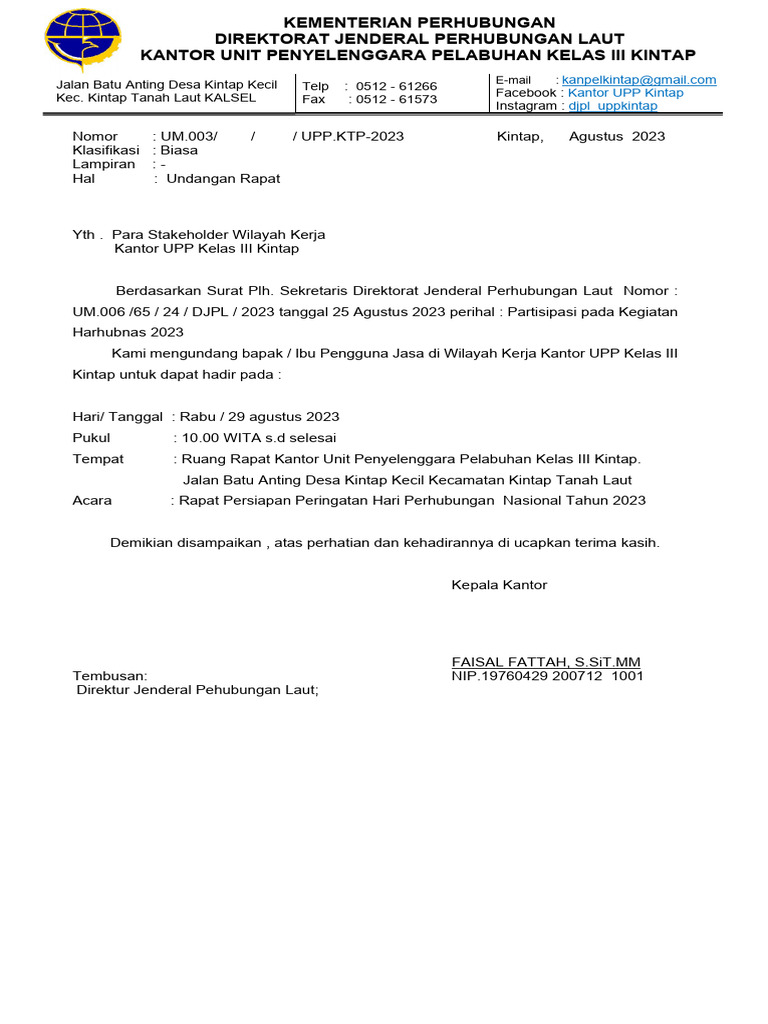 Konsep Surat Undangan Rapat Hari Harhubnas | PDF