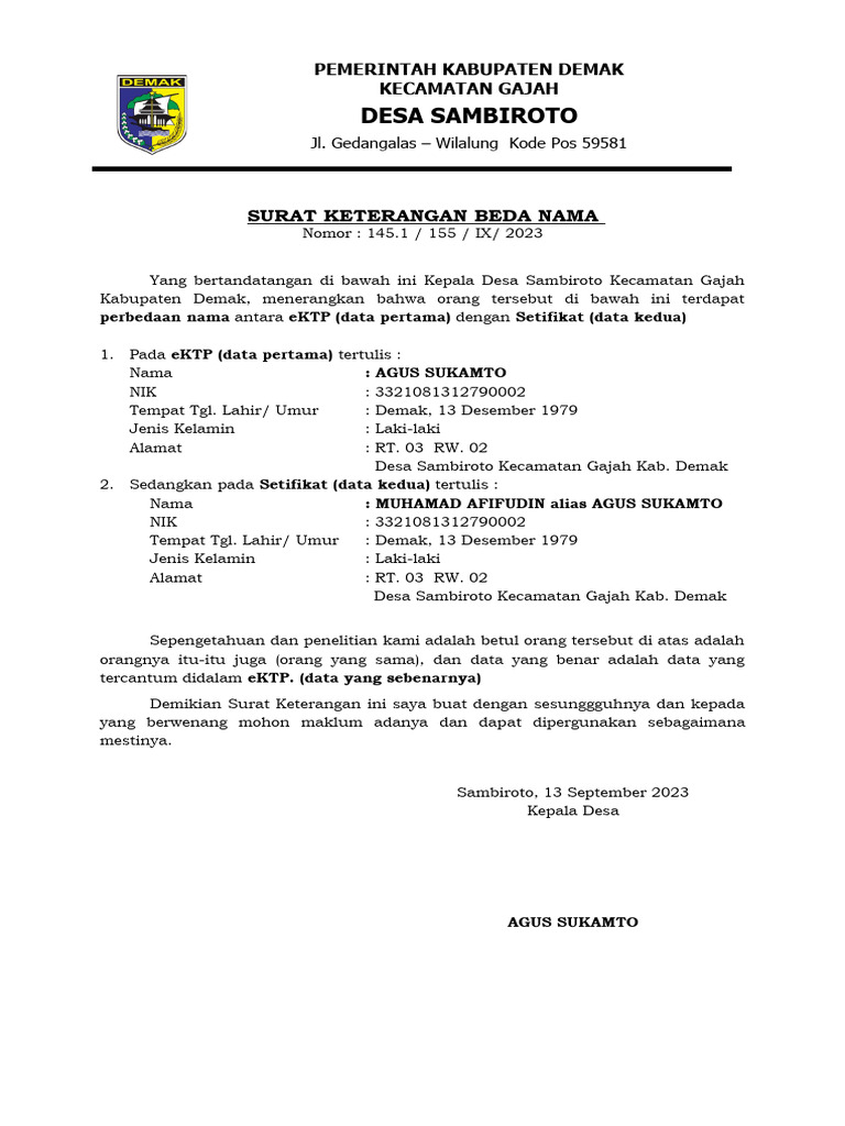 Contoh Surat Keterangan Beda Nama Dari Desa | PDF