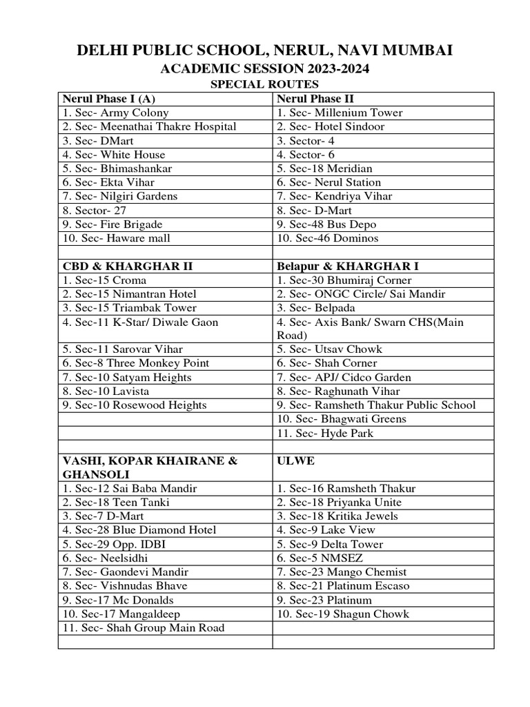 DPS Nerul Bus Routes 2023-2024 | PDF | Travel