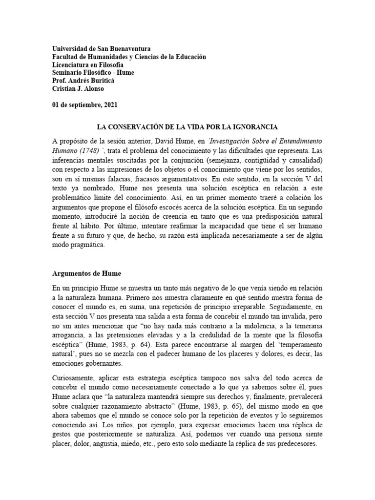Relatoría, Sobre La Solución Escéptica. Hume | PDF | David Hume | Pensamiento