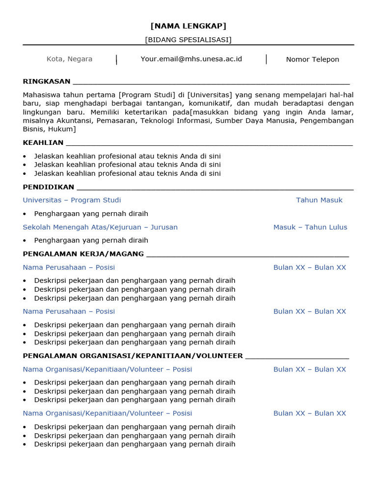 CV Mahasiswa Tahun Pertama ATS PDF | PDF