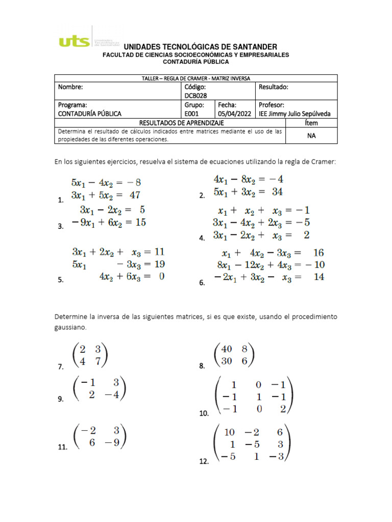Taller - Regla de Cramer - Matriz Inversa | PDF