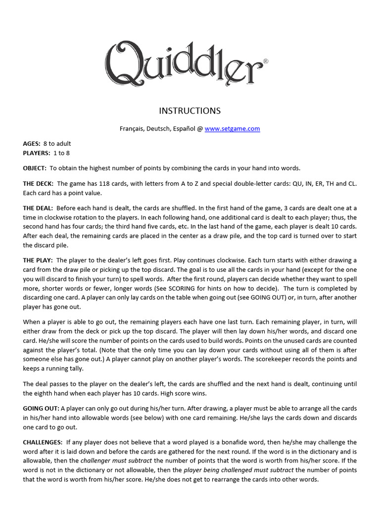 Quiddler Instructions - English | PDF | Sports | Games Of Mental Skill