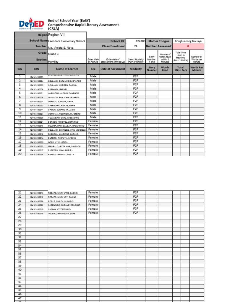 CRLA EoSY G3 Scoresheet v2 | PDF | Applied Linguistics | Learning