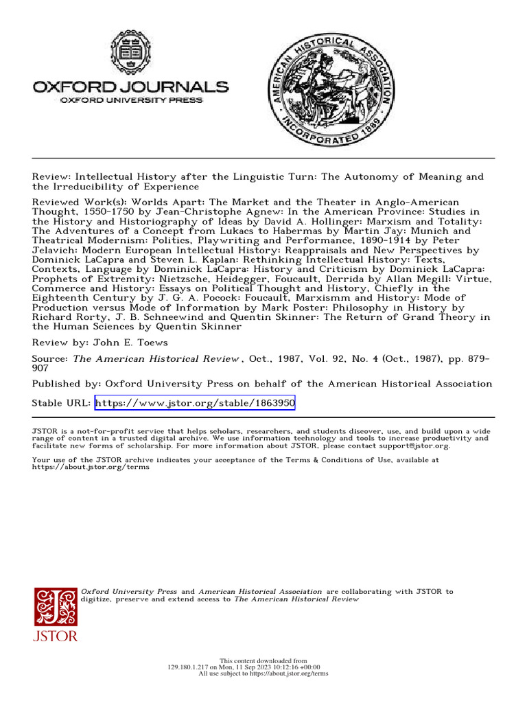 Intellectual History After The Linguistic Turn: The Autonomy of Meaning ...