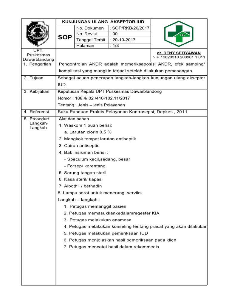 SOP KUNJUNGAN ULANG AKSEPTOR IUD Fix | PDF