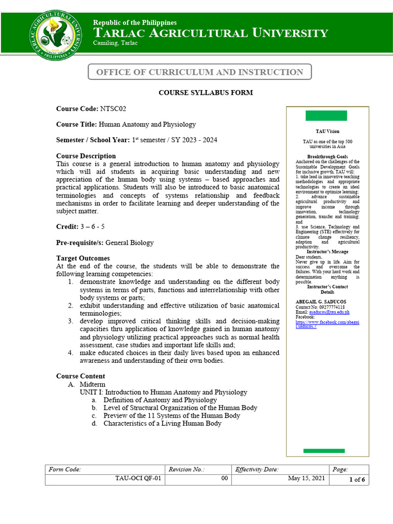 Hap Iso Course Syllabus Form | PDF | Human Body | Skeletal Muscle