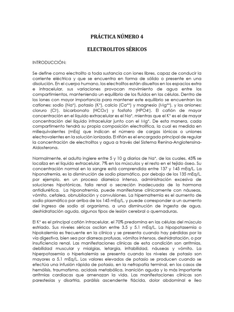 Práctica 4 Electrolitos Sericos | PDF | Electrólito | Sodio