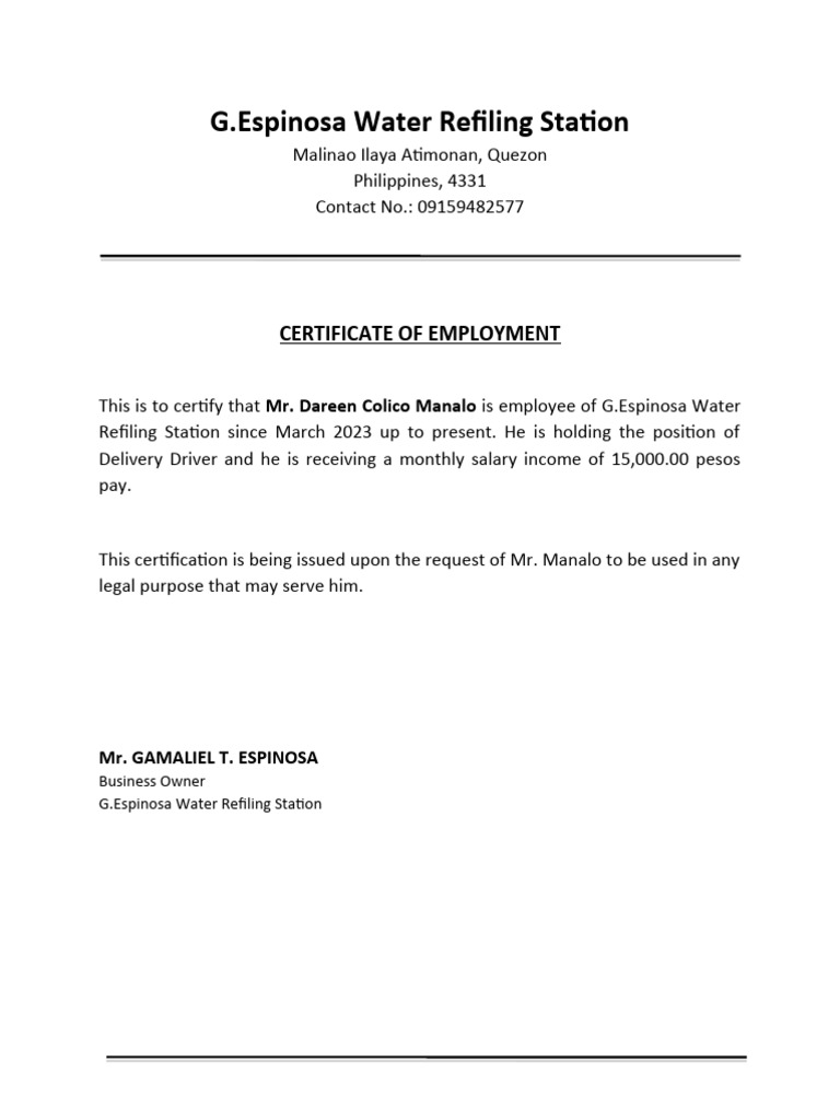 G.Espinosa Water Refiling Station CERTIFICATE OF EMPLOYMENT | PDF