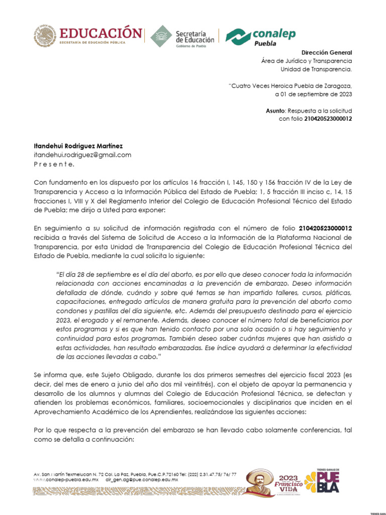 Respuesta Solicitud de Información CONALEP | PDF | Control de la natalidad