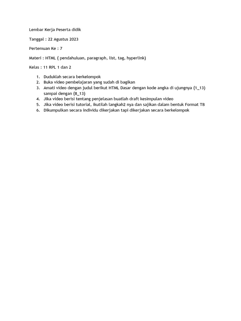 Lembar Kerja HTML Kelas 11 RPL | PDF