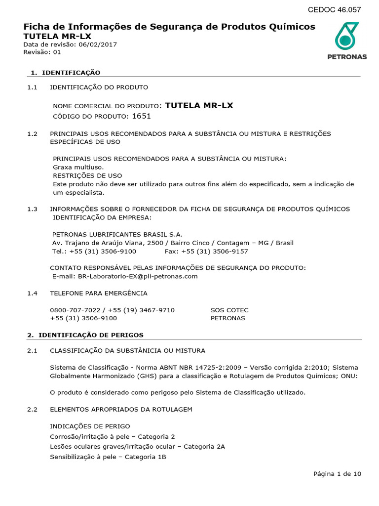Ficha de Informações de Segurança de Produtos Químicos - TUTELA MR-LX ...