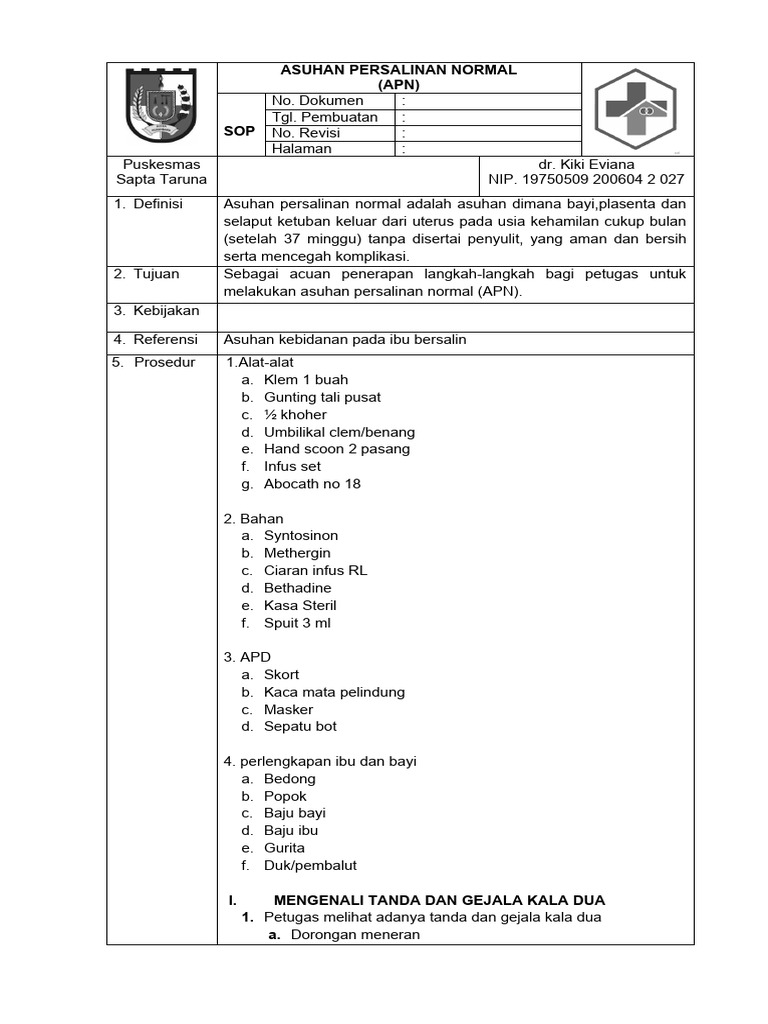 Asuhan Persalinan Normal (APN) SOP | PDF