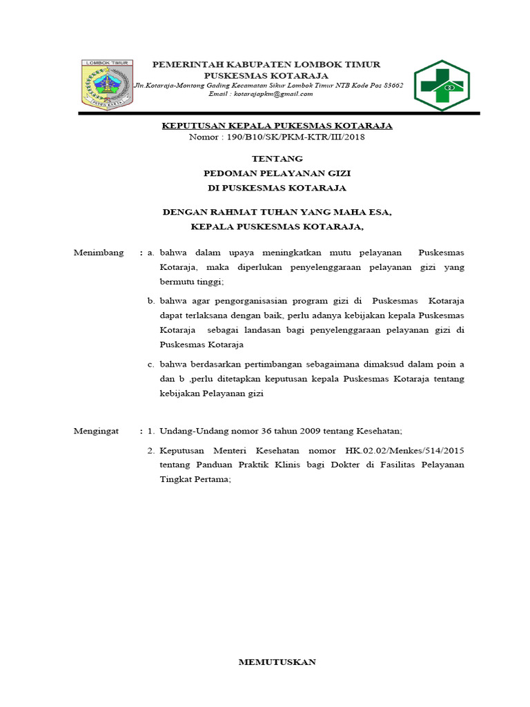 SK Pedoman Pelayanan Gizi | PDF