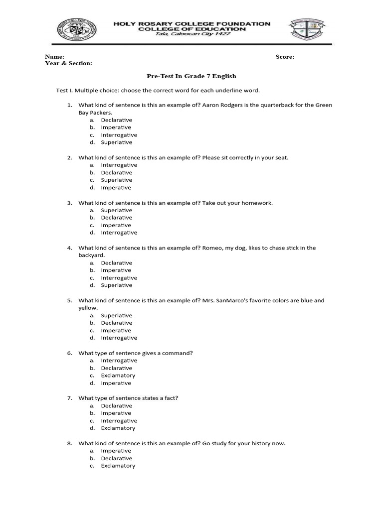 Pre-Test and Post - Test ANSWER KEY | PDF | Sentence (Linguistics) | Syntax