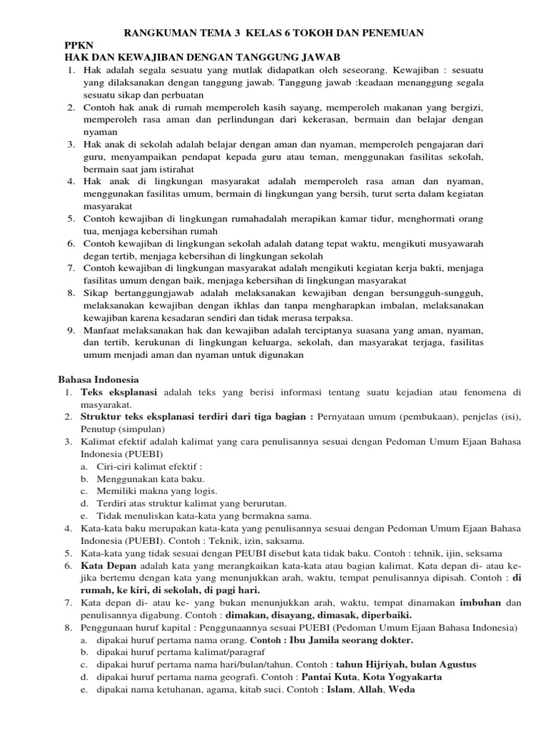 Rangkuman Materi Kelas 6 Tema 3 2023-2024 | PDF
