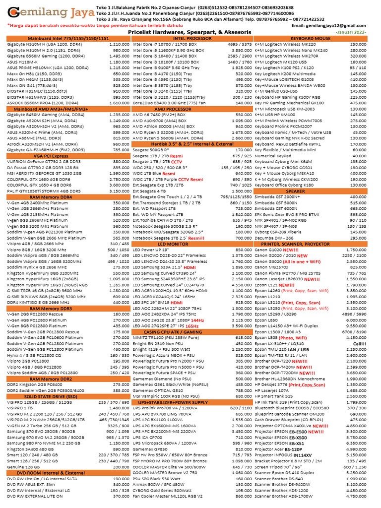 Computer Hardware Price List 2023 | PDF | Computer Architecture ...