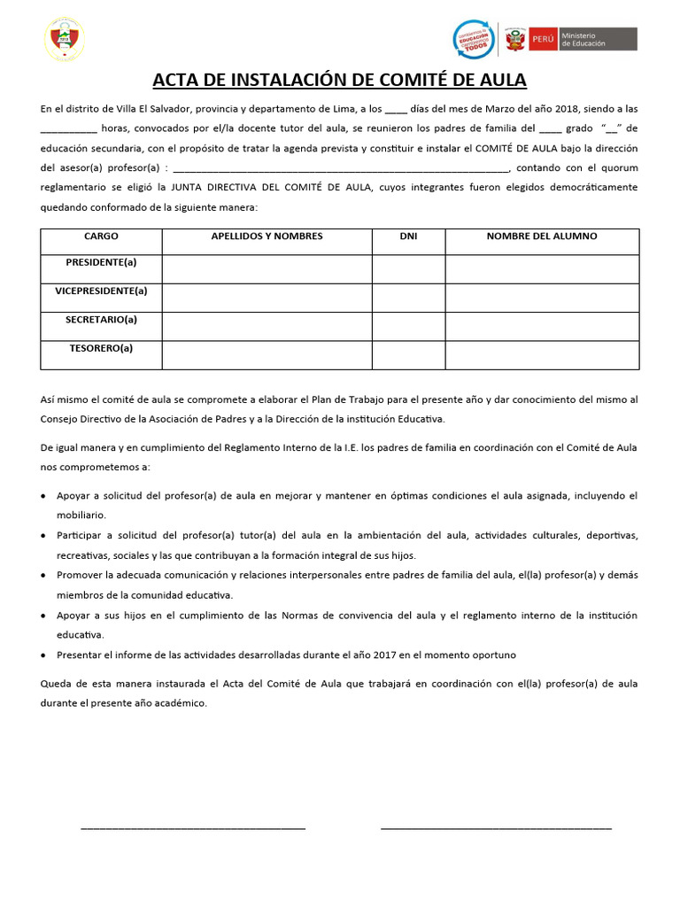 Acta de Instalación de Comité de Aula 2017 | Descargar gratis PDF | Salón de clases | Maestros