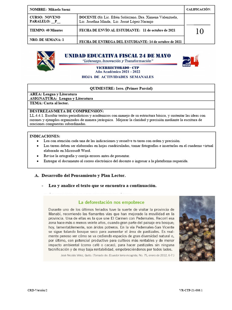 Carta Al Lector. Lengua y Literatura. 9no. 18.10.2021 - 21.10.2021 | PDF