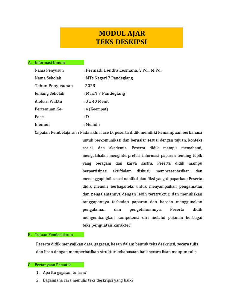 Modul Ajar Bahasa Indonesia - Teks Deskripsi - Fase D | PDF