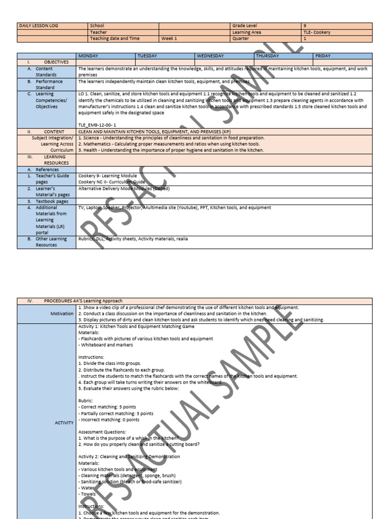 Cookery9 q1 DLL Sample | PDF | Learning | Rubric (Academic)
