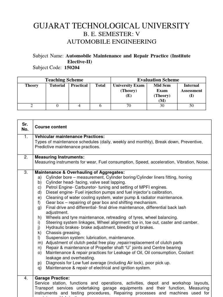 Automobile Maintenance and Repair Practice | PDF | Technology & Engineering