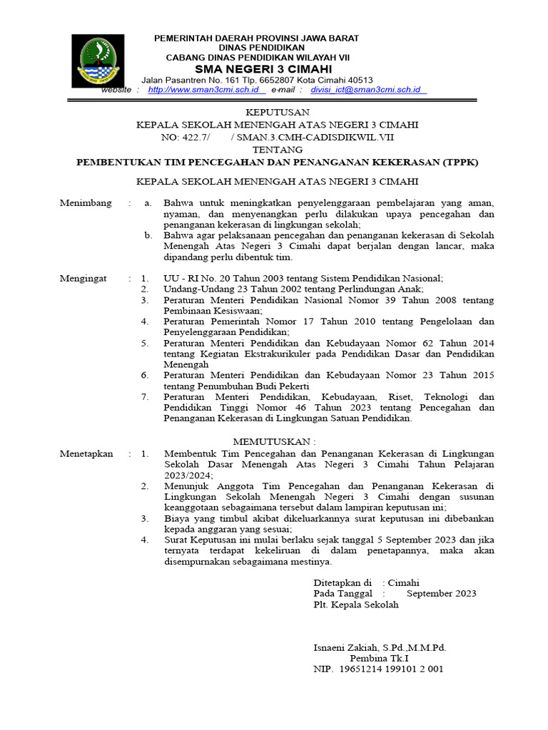 SK Tim Pencegahan Dan Penanganan Kekerasan Di Lingkungan Satuan Pendidikan SMAN 3 CIMAHI | PDF