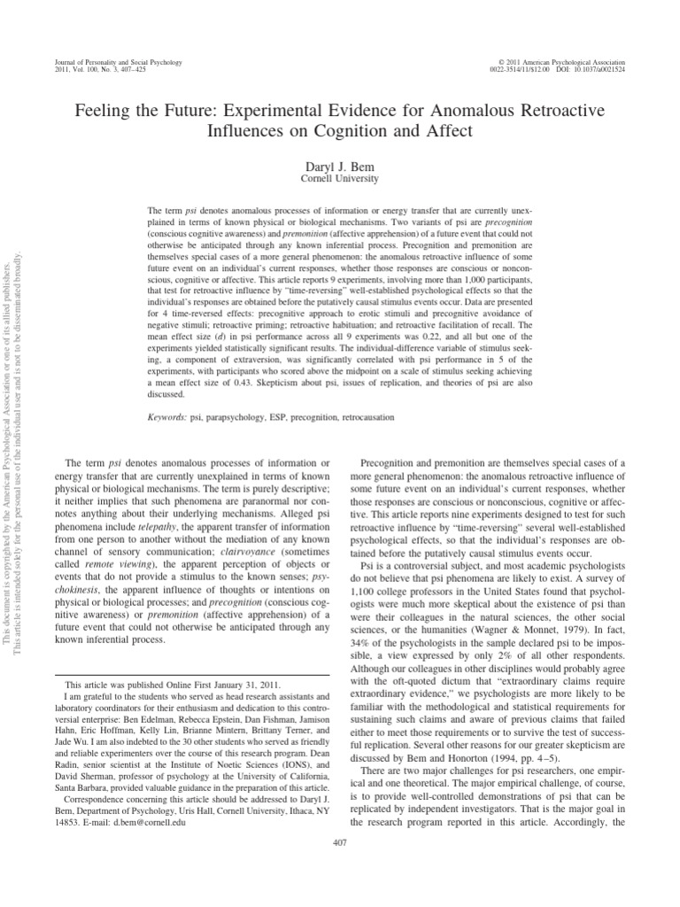 Bem - 2011 - Feeling The Future Experimental Evidence For Anom | PDF ...